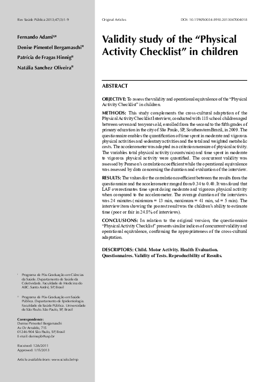 (PDF) Validity study of the "Physical Activity Checklist" in children