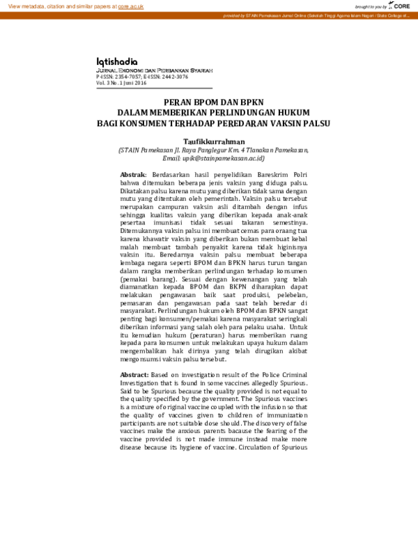 (PDF) Peran BPOM dan BPKN dalam Memberikan Perlindungan Hukum Bagi ...