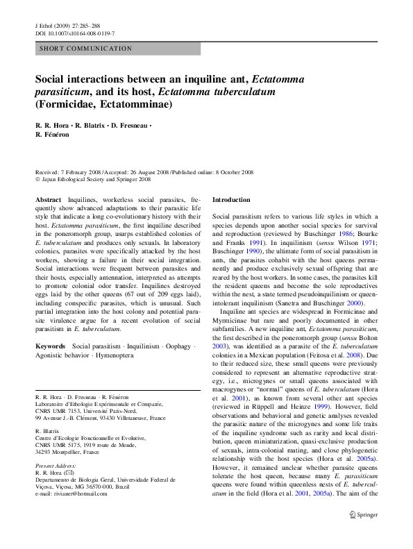 (PDF) Social interactions between an inquiline ant, Ectatomma ...