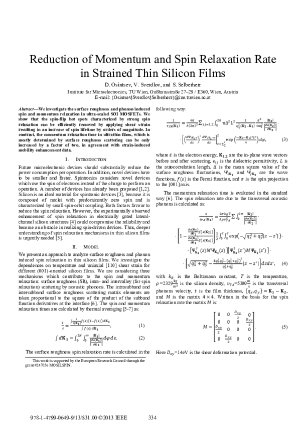 (PDF) Reduction of momentum and spin relaxation rate in strained thin ...