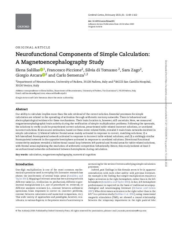 (PDF) Neurofunctional Components of Simple Calculation: A ...