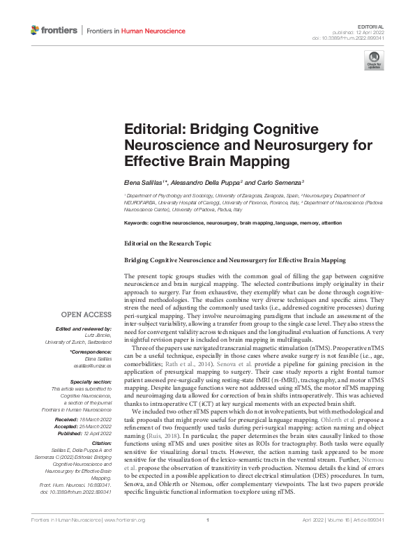 (PDF) Editorial: Bridging Cognitive Neuroscience and Neurosurgery for Effective Brain Mapping