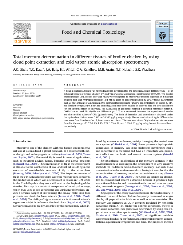 Pdf Total Mercury Determination In Different Tissues Of Broiler