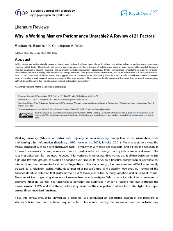 (PDF) Why is working memory performance unstable? A review of 21 factors