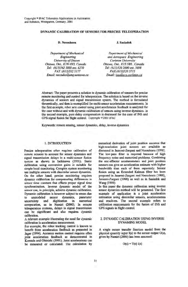 (PDF) Dynamic Calibration of Sensors for Precise Teleoperation