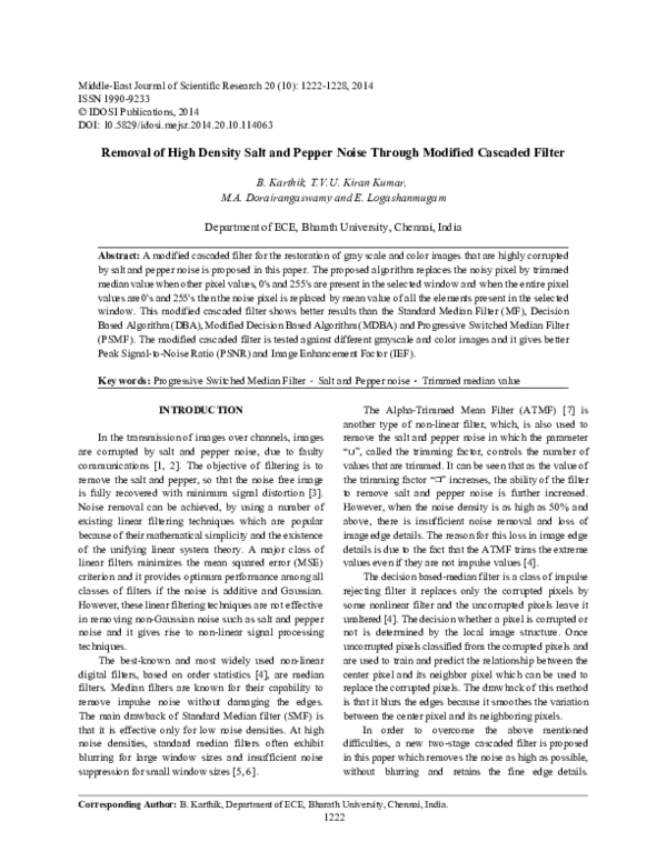 Pdf Cascaded Filter For Salt And Pepper Noise