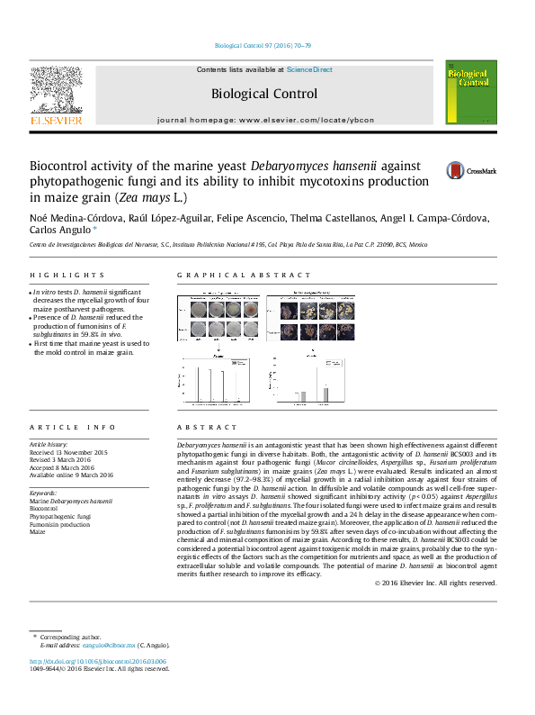 (PDF) Biocontrol activity of the marine yeast Debaryomyces hansenii against phytopathogenic ...