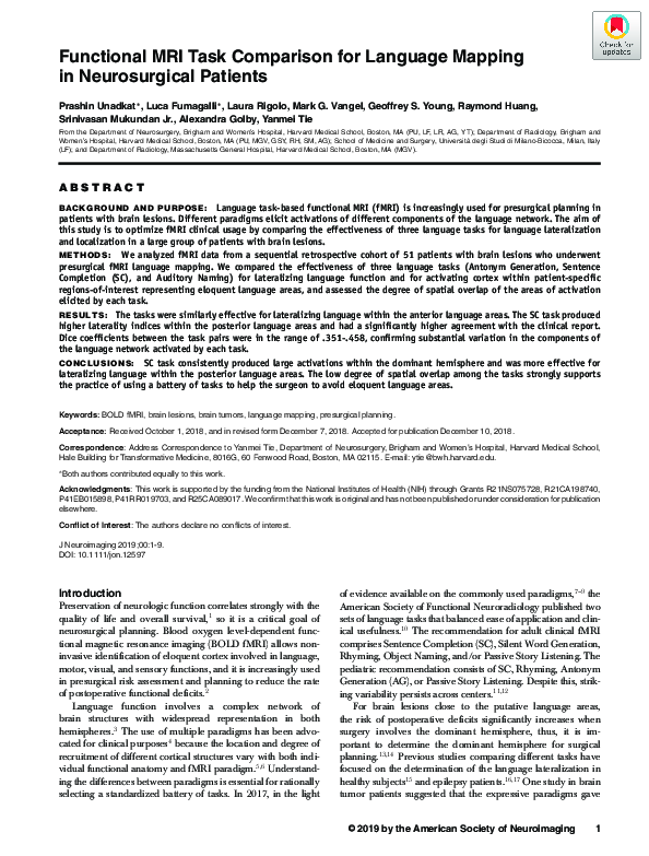 (PDF) Functional MRI Task Comparison for Language Mapping in Neurosurgical Patients
