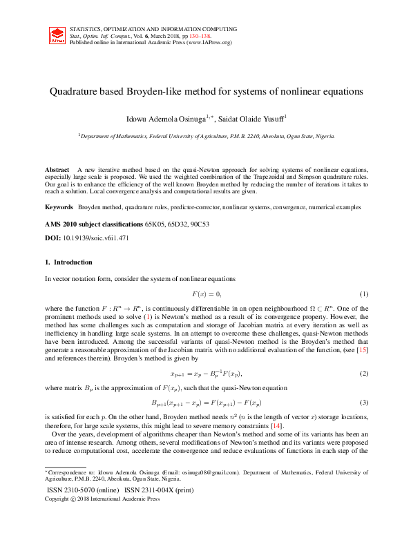 (PDF) Quadrature based Broyden-like method for systems of nonlinear equations