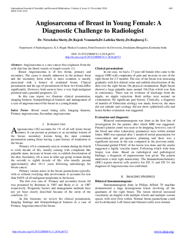 (PDF) Angiosarcoma of Breast in Young Female: A Diagnostic Challenge to Radiologist