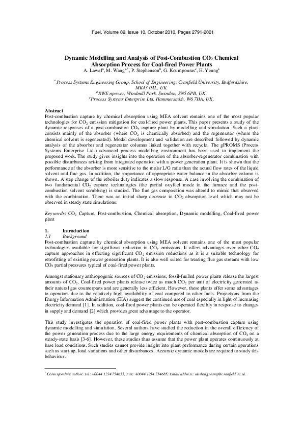 (PDF) Dynamic modelling and analysis of post-combustion CO2 chemical absorption process for coal ...