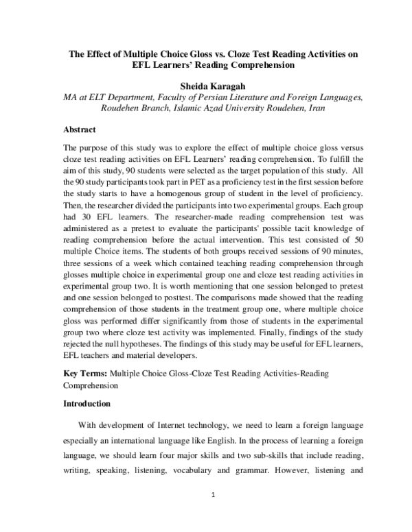 (PDF) The Effect of Multiple Choice Gloss vs. Cloze Test Reading ...
