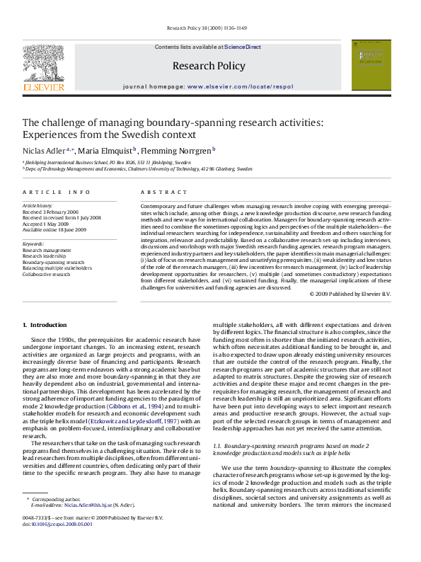 (PDF) The challenge of managing boundary-spanning research activities: Experiences from the ...