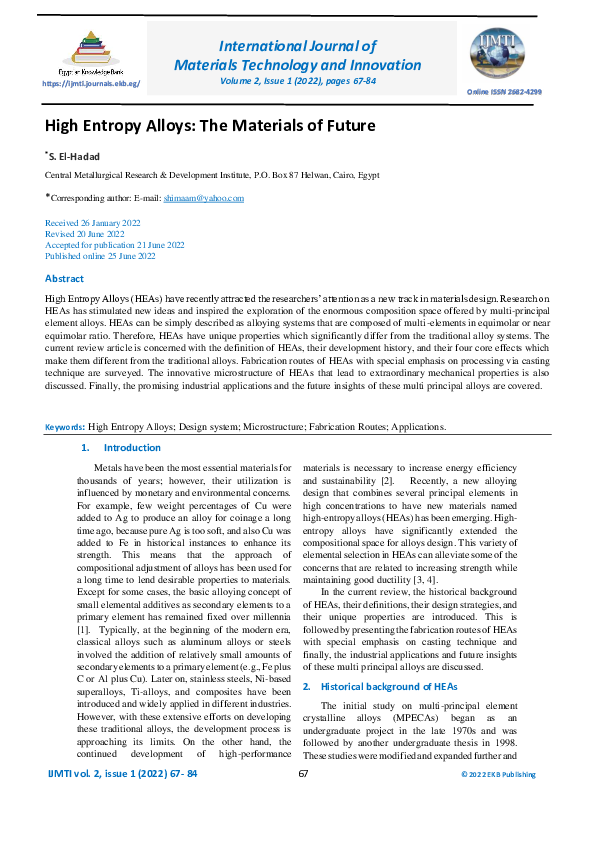 (PDF) High Entropy Alloys: The Materials of Future