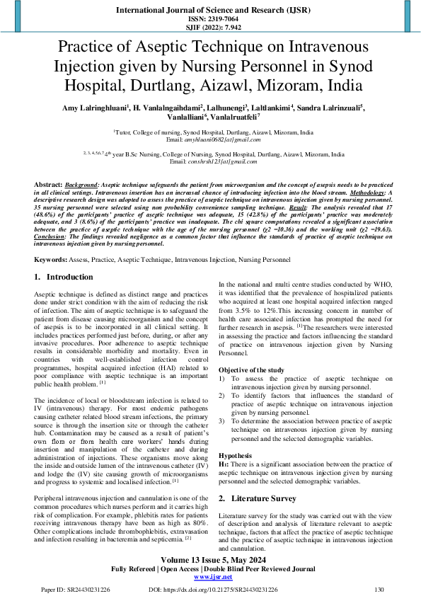 (PDF) Practice of Aseptic Technique on Intravenous Injection given by ...