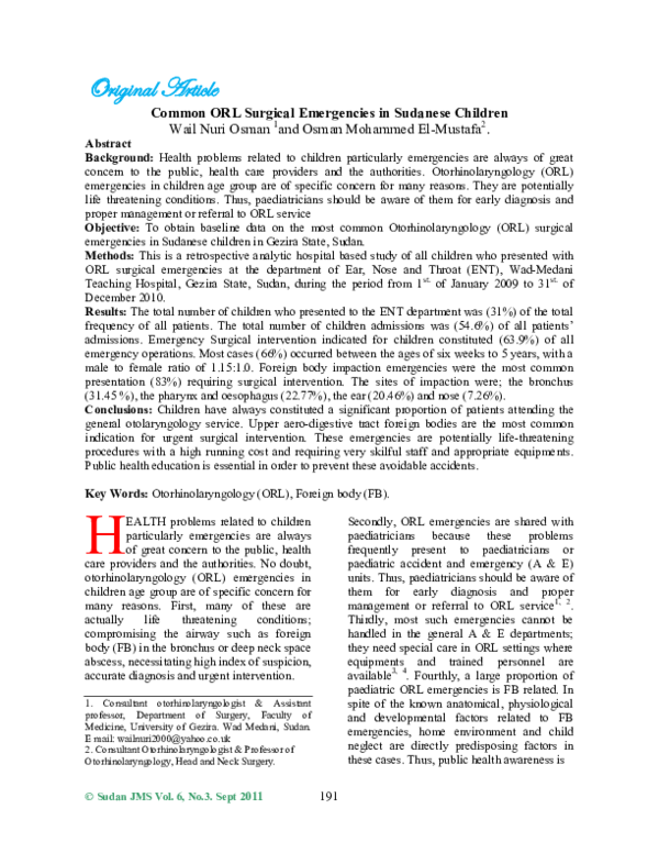 (PDF) Common ORL Surgical Emergencies in Sudanese Children