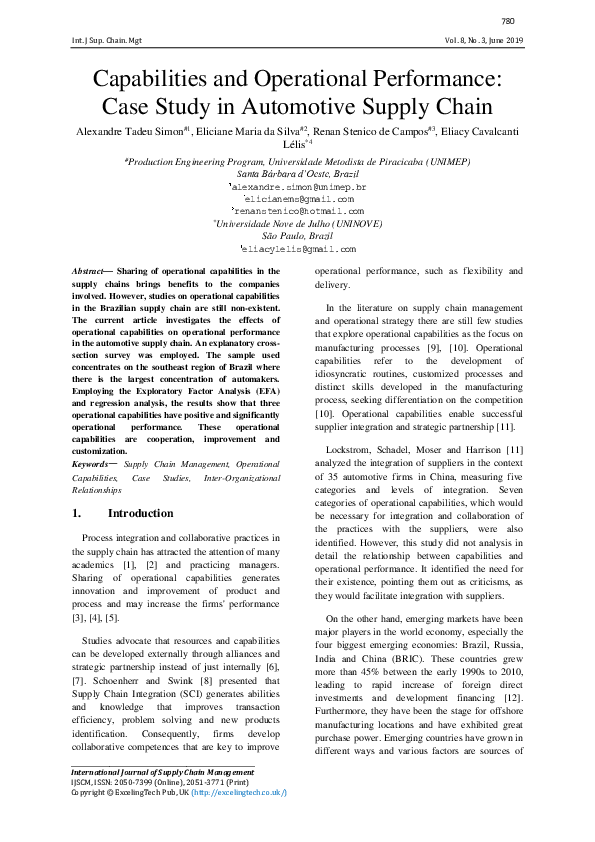 Capabilities and Operational Performance: Case Study in Automotive Supply Chain