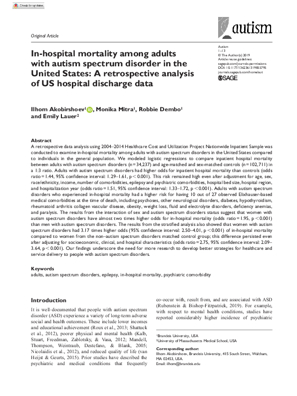 (PDF) In-hospital mortality among adults with autism spectrum disorder ...