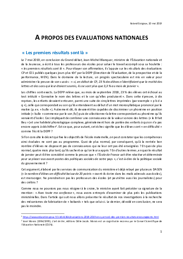 (PDF) A propos des évaluations nationales
