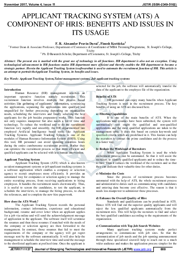(PDF) Applicant Tracking System (ATS) a component of HRIS: Benefits and Issues in its Usage