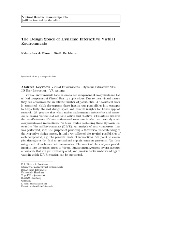 (PDF) The design space of dynamic interactive virtual environments