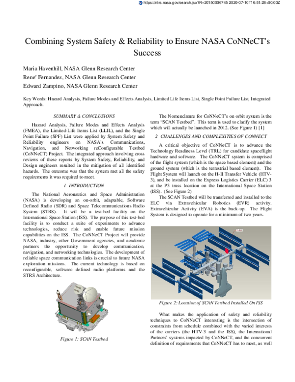 (PDF) Combining System Safety & Reliability to ensure NASA CoNNeCT's ...