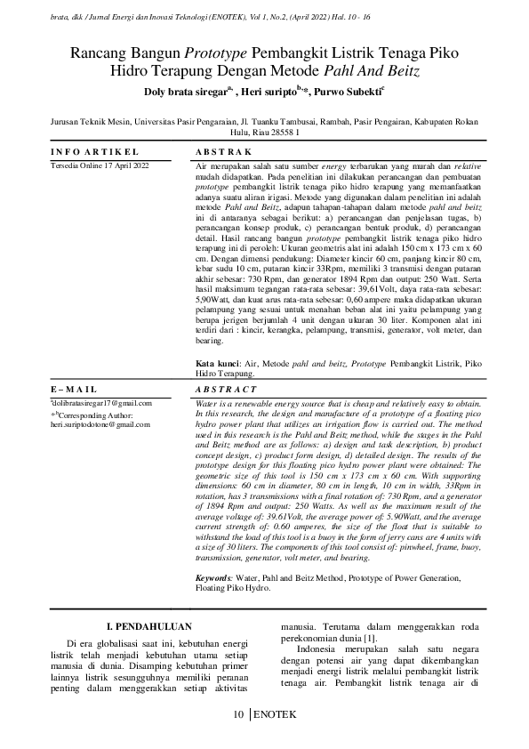 (PDF) Rancang Bangun Prototype Pembangkit Listrik Tenaga Piko Hidro Terapung Dengan Metode Pahl ...