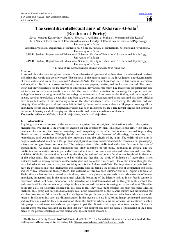 (PDF) The scientific-intellectual aims of Akhavan-Al-Safa (Brethren of ...