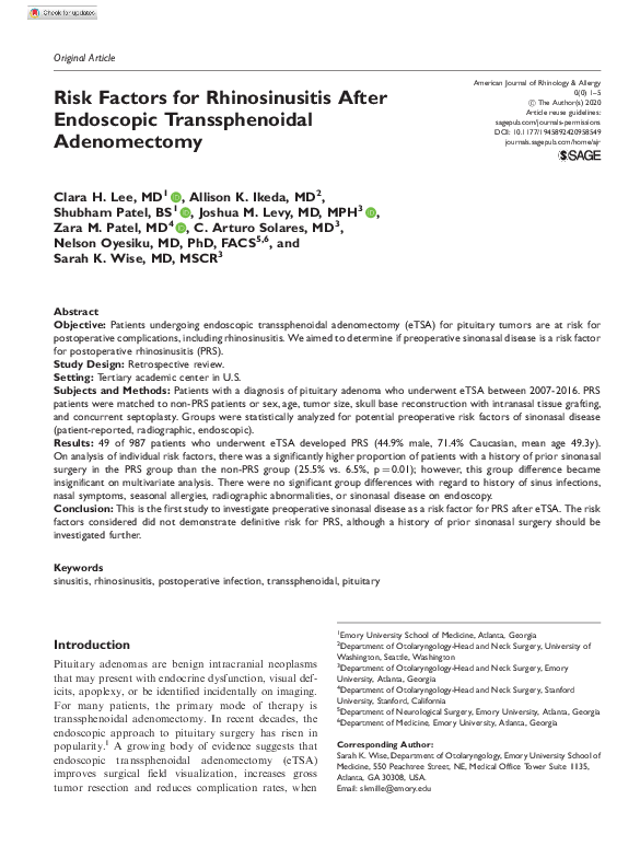 (PDF) Risk Factors for Rhinosinusitis After Endoscopic Transsphenoidal ...