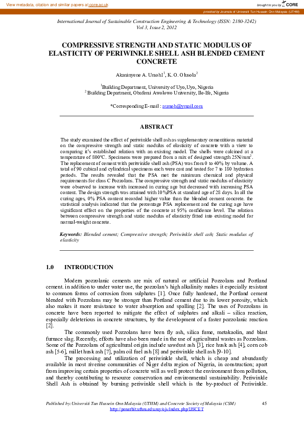 (PDF) Compressive Strength and Static Modulus of Elasticity of Periwinkle Shell Ash Blended ...