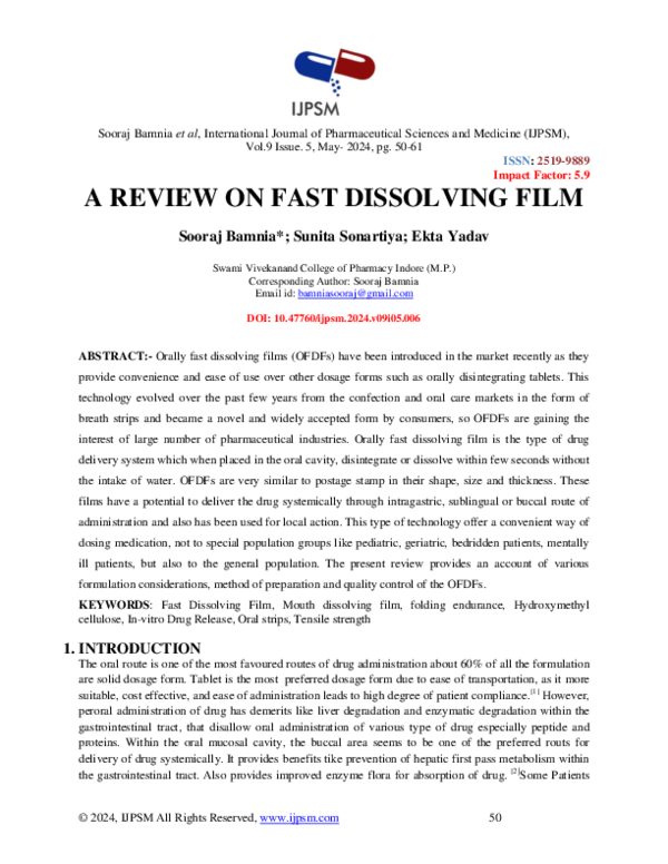 (PDF) A REVIEW ON FAST DISSOLVING FILM