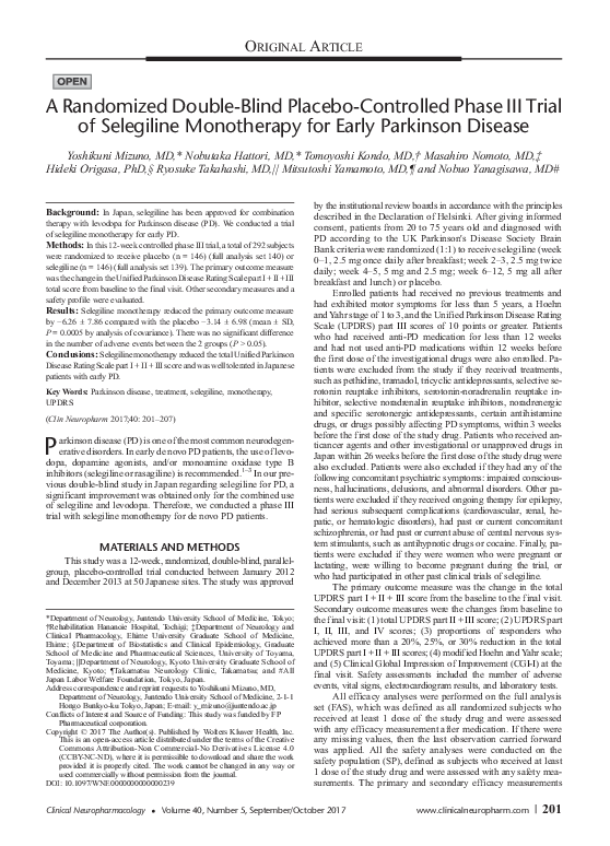 (PDF) A Randomized Double-Blind Placebo-Controlled Phase III Trial of Selegiline Monotherapy for ...