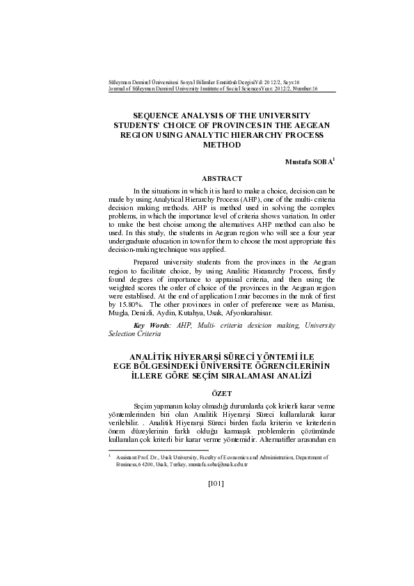 (PDF) Sequence Analysis of the University Students' Choice of Provinces in the Aegean Region ...