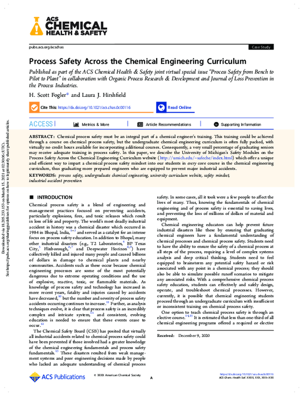 (PDF) Process Safety Across the Chemical Engineering Curriculum