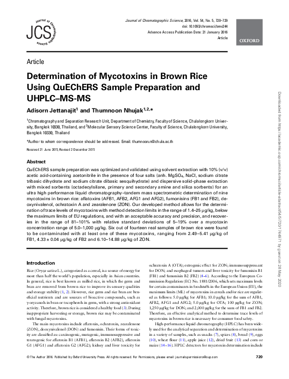 (PDF) Determination of Mycotoxins in Brown Rice Using QuEChERS Sample Preparation and UHPLC–MS-MS