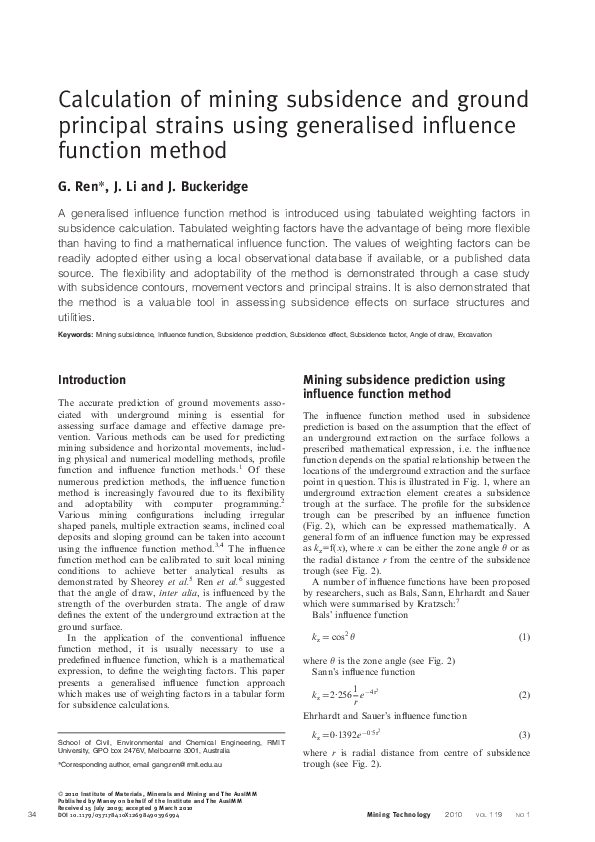Pdf Calculation Of Mining Subsidence And Ground Principal Strains Using Generalised Influence