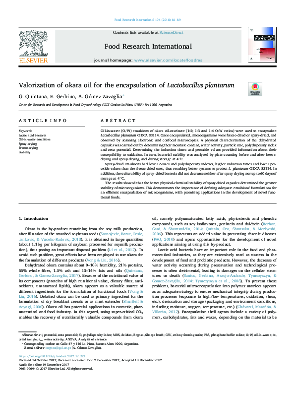 (PDF) Valorization of okara oil for the encapsulation of Lactobacillus ...