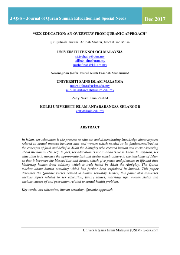 Pdf Sex Education An Overview From Quranic Approach