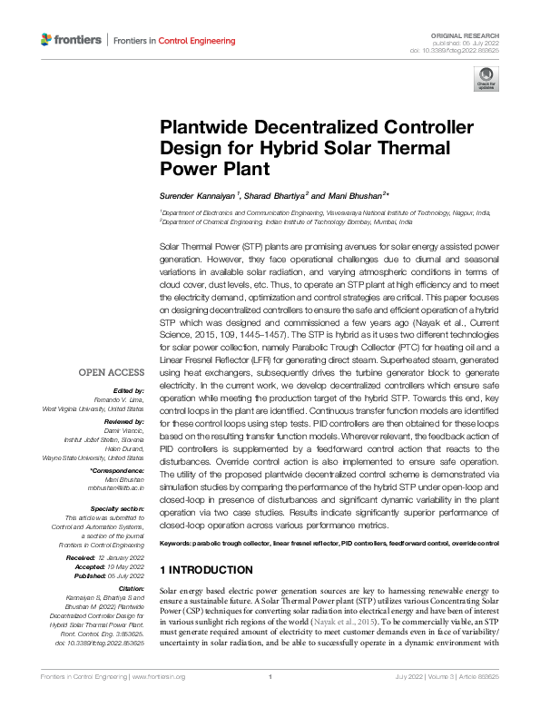(PDF) Plantwide Decentralized Controller Design for Hybrid Solar Thermal Power Plant | Mani ...