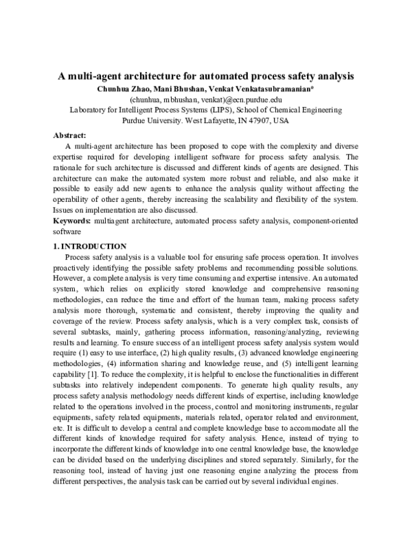 (PDF) A multi-agent architecture for automated process safety analysis