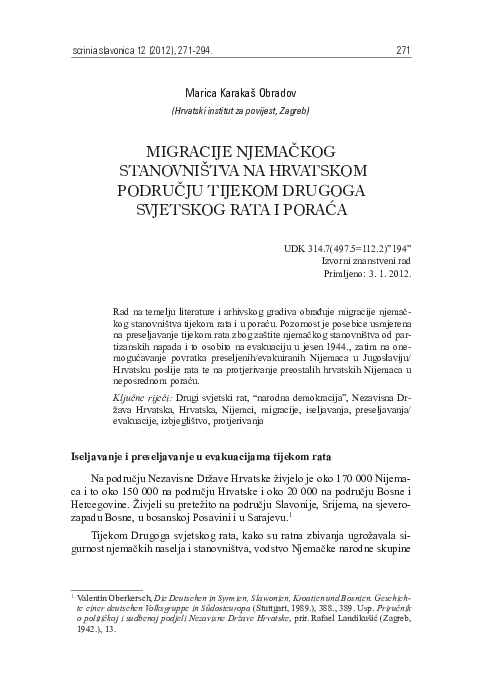(PDF) Migracije njemačkog stanovništva na hrvatskom području tijekom Drugoga svjetskog rata i poraća
