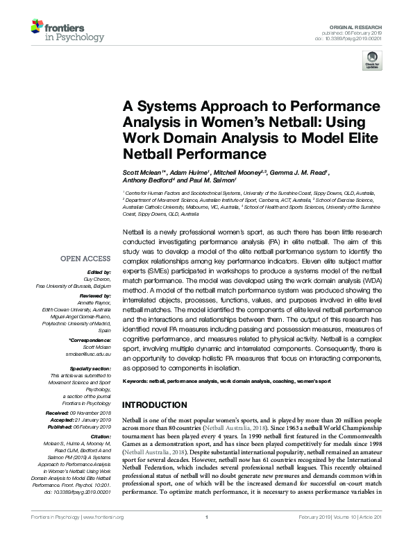 (PDF) A Systems Approach to Performance Analysis in Women’s Netball: Using Work Domain Analysis ...