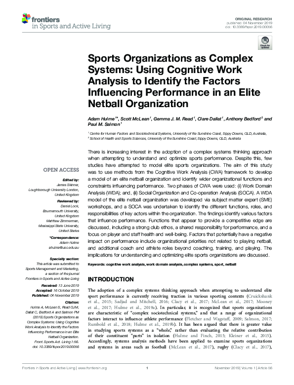 (PDF) Sports Organizations as Complex Systems: Using Cognitive Work ...
