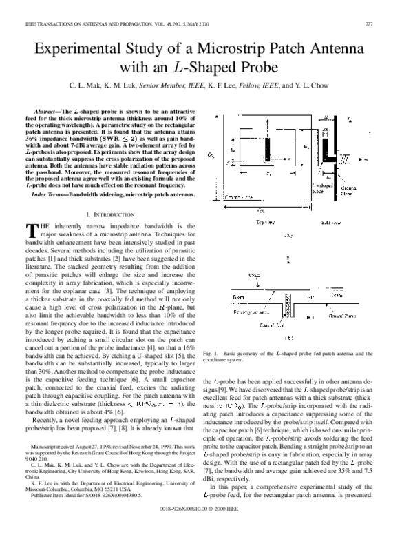 (PDF) Experimental study of a microstrip patch antenna with an L-shaped probe