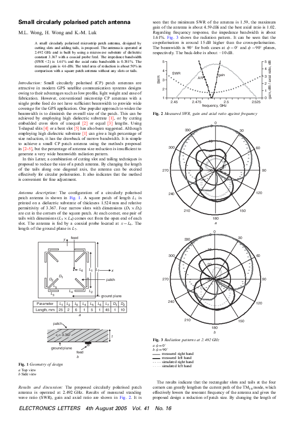 (PDF) Small circularly polarised patch antenna