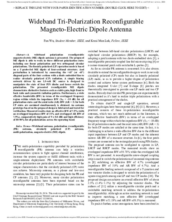 (PDF) Wideband Tri-Polarization Reconfigurable Magneto-Electric Dipole ... (PDF) Wideband Tri-Polarization Reconfigurable Magneto-Electric Dipole ...