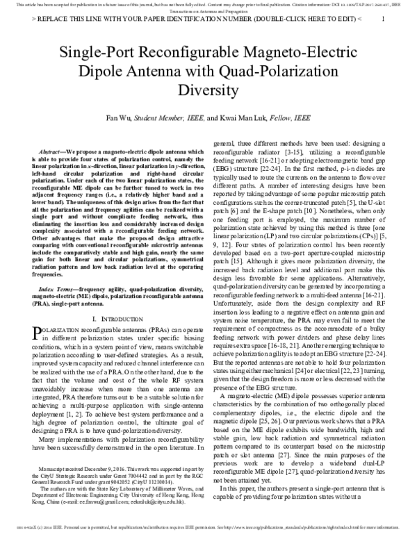 (PDF) Single-Port Reconfigurable Magneto-Electric Dipole Antenna With ...