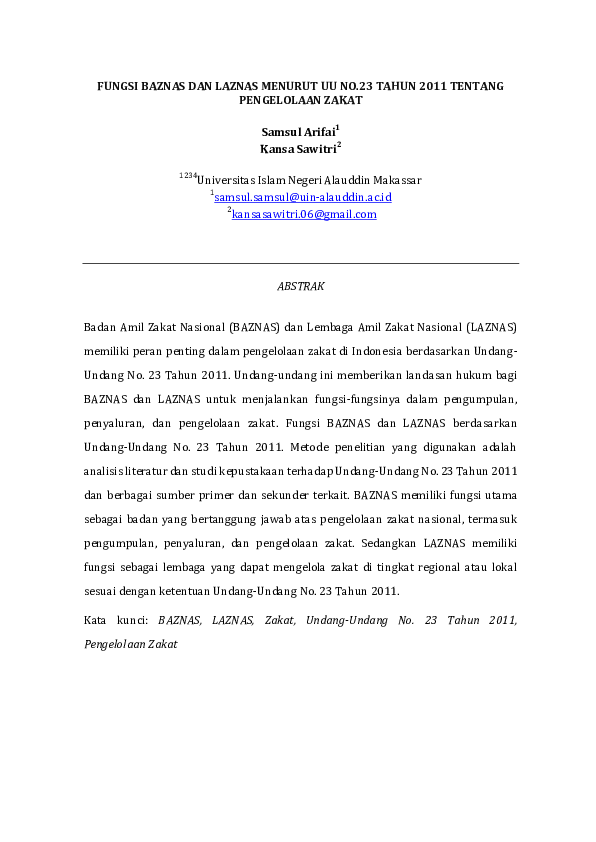 (PDF) FUNGSI BAZNAS DAN LAZNAS MENURUT UU NO.23 TAHUN 2011 TENTANG ...