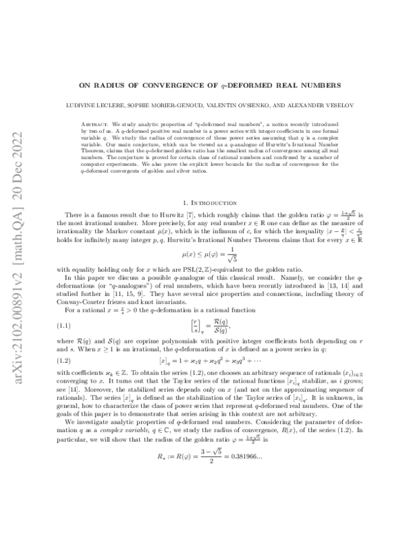 (PDF) On radius of convergence of $q$-deformed real numbers