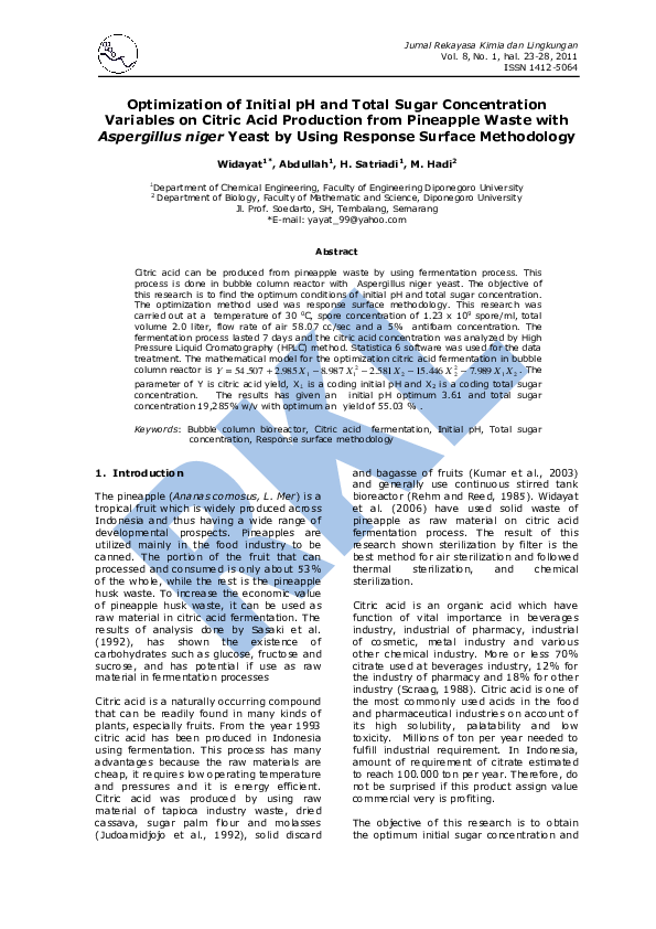 (PDF) Optimization of Initial pH and Total Sugar Concentration Variables on Citric Acid ...